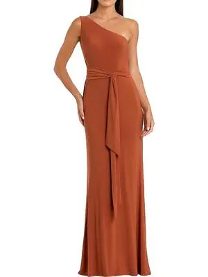 Mac Duggal Jersey One-shoulder Belted Trumpet Gown - Brick