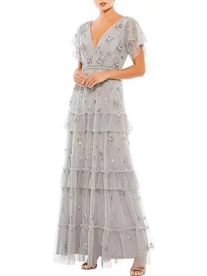 Mac Duggal Ruffle Tiered Embellished Flutter Sleeve Gown - Platinum