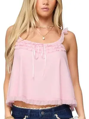 EDIKTED Ruffle Mesh Babydoll Tank Top - Light Pink