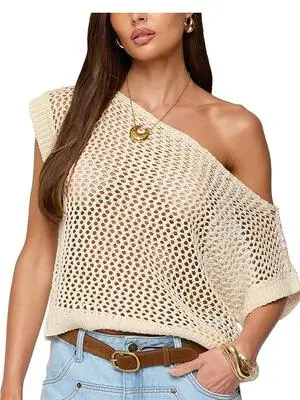 EDIKTED Off-the-Shoulder Open Knit Top Cream
