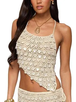 EDIKTED Alora Iridescent Crochet Top - Beige