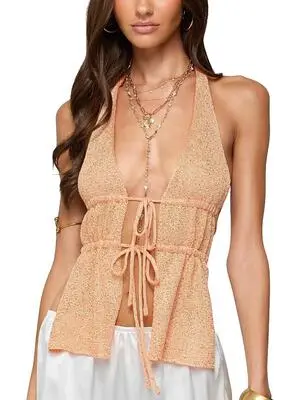 EDIKTED Sequin Knit Split Front Backless Top Orange