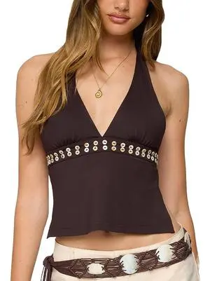 EDIKTED Pearlsy Button Backless Halter Top
