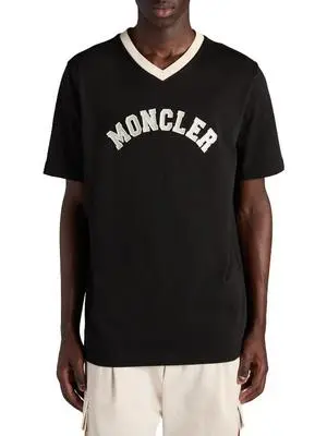 Moncler Logo Patch V-neck Cotton T-shirt - Black