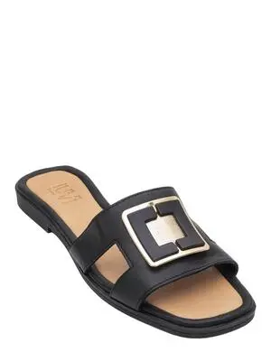 FOREVER & ALWAYS SHOES Millie Leather Buckle Slide - Black Leather
