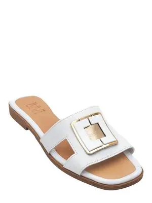 FOREVER & ALWAYS SHOES Millie Leather Buckle Slide - White Leather