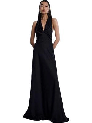 Bcbgmaxazria Cowl Neck Halter Gown - Black