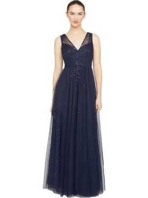 Theia Kiana Beaded V-neck Gown - Navy