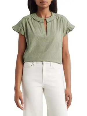 Wit & Wisdom Embroidered Split Neck Top Oregano