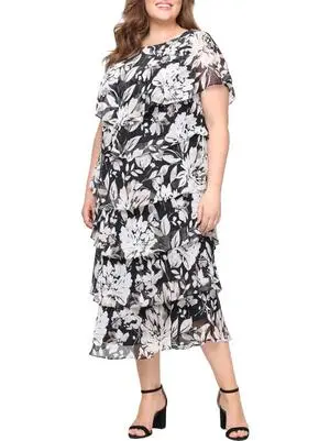 SL FASHIONS Floral Tiered Midi Dress - Black Multi