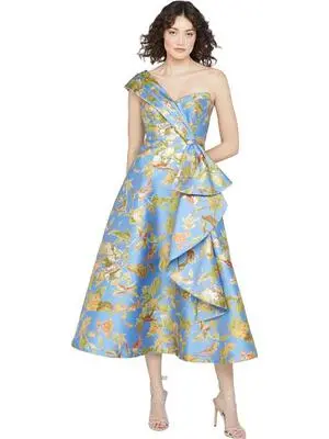 Theia Dalia Tea Length Dress - Cornflower/marigold