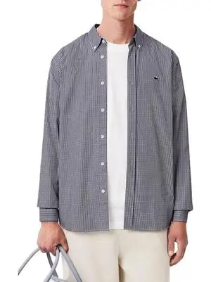 Lacoste Checker Cotton Pinpoint Button-down Shirt - White/ Navy Blue