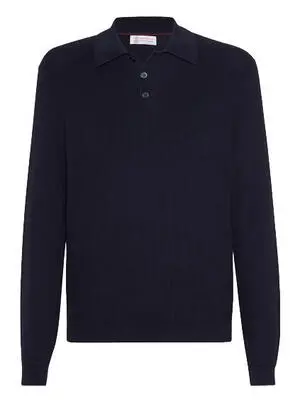 Brunello Cucinelli Rib Knit Polo - Navy Blue