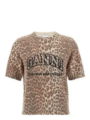 GANNI Leopard Wool Mix T-shirt - Brown