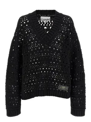 GANNI Crochet V-neck Sweater - Black