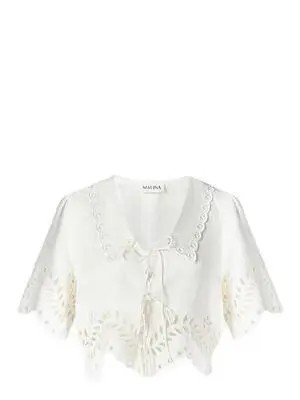 MALINA Estela Broderie-anglaise Linen-blend Blouse - White
