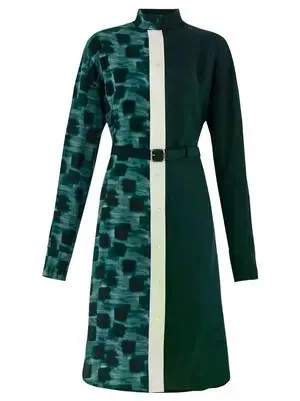 FERRAGAMO Colour-blocked Belted Shirt Dress - Green