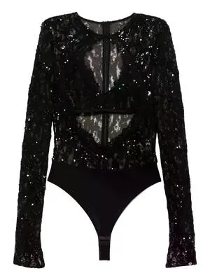 NISSA Sequin-detail Lace Bodysuit - Black