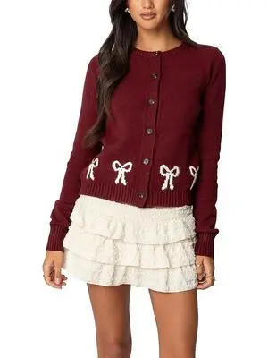 EDIKTED Rona Bow Knit Cardigan - Burgundy