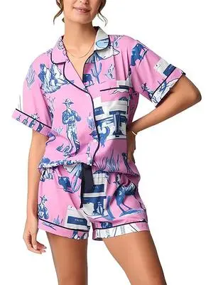KATIE KIME Marfa Toile Pajama Shorts Set - Pink Navy