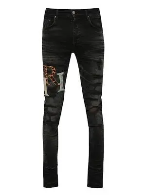 Amiri Leather Staggered Logo Jeans - Faded Black