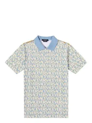 Versace All Over Logo Pique Polo Shirt - Blue