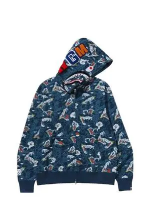 A BATHING APE Bape Japanese Tattoo Camo Shark Full Zip Hoodie Blue