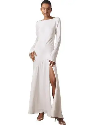 Bhldn Long-sleeve Cowl-back Drop-waist Maxi Dress - Champagne