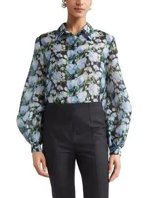 Carolina Herrera Peony Print Silk Organza Button-up Shirt - Blue Multi