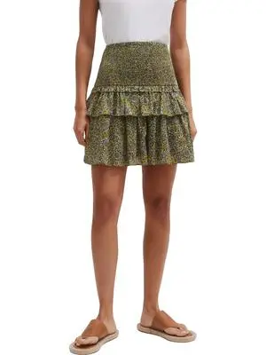 ME+EM Cotton Trailing Lotus Print Shirred Mini Skirt - Cream/green/multi