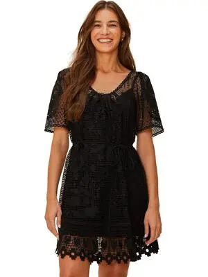 Farm Rio Pineapple Guipure Mini Dress - Black