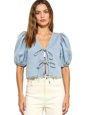 MODENAIRE Embroidered Puff Sleeve Top With Front Tie - Light Blue