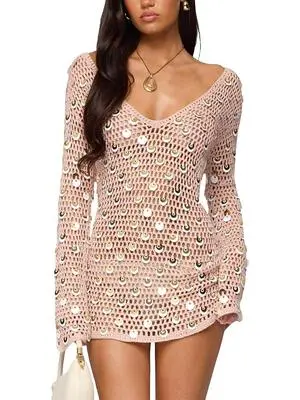 EDIKTED Corea Sequin Crochet Mini Dress - Pink