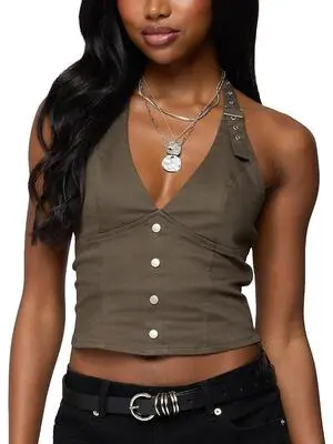 EDIKTED Keli Buckle Halter Top - Olive