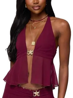 EDIKTED Chiffon Split Front Top - Burgundy