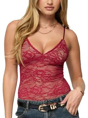 EDIKTED Nolyn Sheer Lace V-Neck Top Burgundy