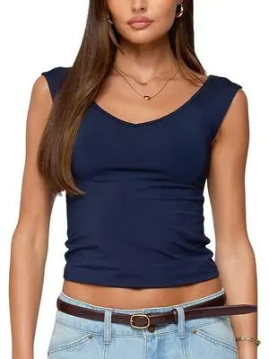 EDIKTED Angeline Wide V Neck Top - Navy