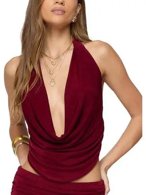 EDIKTED Caspia Cowl Neck Backless Top - Burgundy