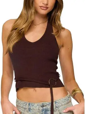 EDIKTED Kez Belted Knit Halter Top - Brown