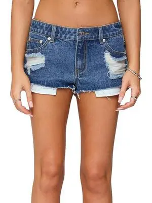 EDIKTED Devin Low Rise Denim Shorts Blue-washed