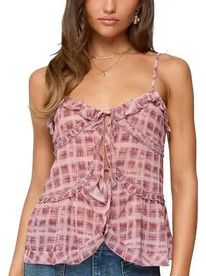 EDIKTED Chiffon Printed Tie Front Ruffle Top - Pink