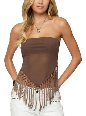 EDIKTED Backless Sheer Mesh Strapless Top - Brown