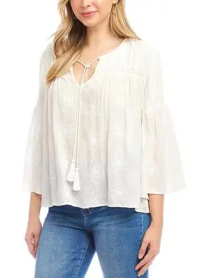 Karen Kane Embroidered Pin Tuck Top - Off White