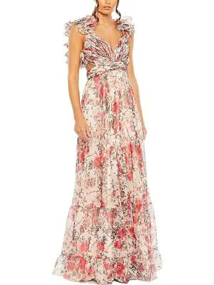 Mac Duggal Floral Cut-out Chiffon Gown With Ruffle Tiered Detail - Rose Multi