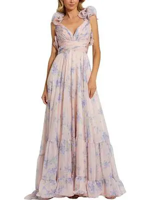 Mac Duggal Floral Cut-out Chiffon Gown With Ruffle Tiered Detail - Violet Multi