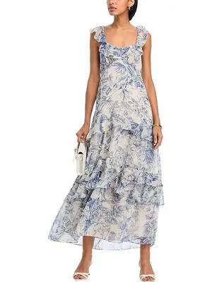 Aqua Floral Toile Ruffle Midi Dress - White Blue