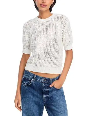 Aqua Open Knit Crochet Short Sleeve Sweater - White