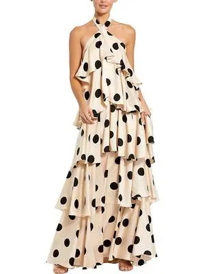 Mac Duggal Polka Dot Charmeuse Halter Tiered Ruffle Gown - Cream Black