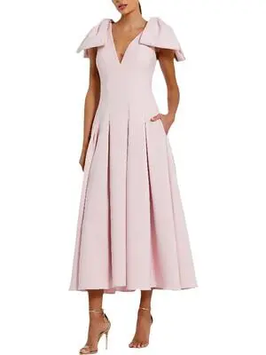 Mac Duggal Crepe A-line Midi Dress With Bow Straps - Blush