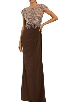 Mac Duggal Jersey Gown With Crystal Applique - Chocolate
